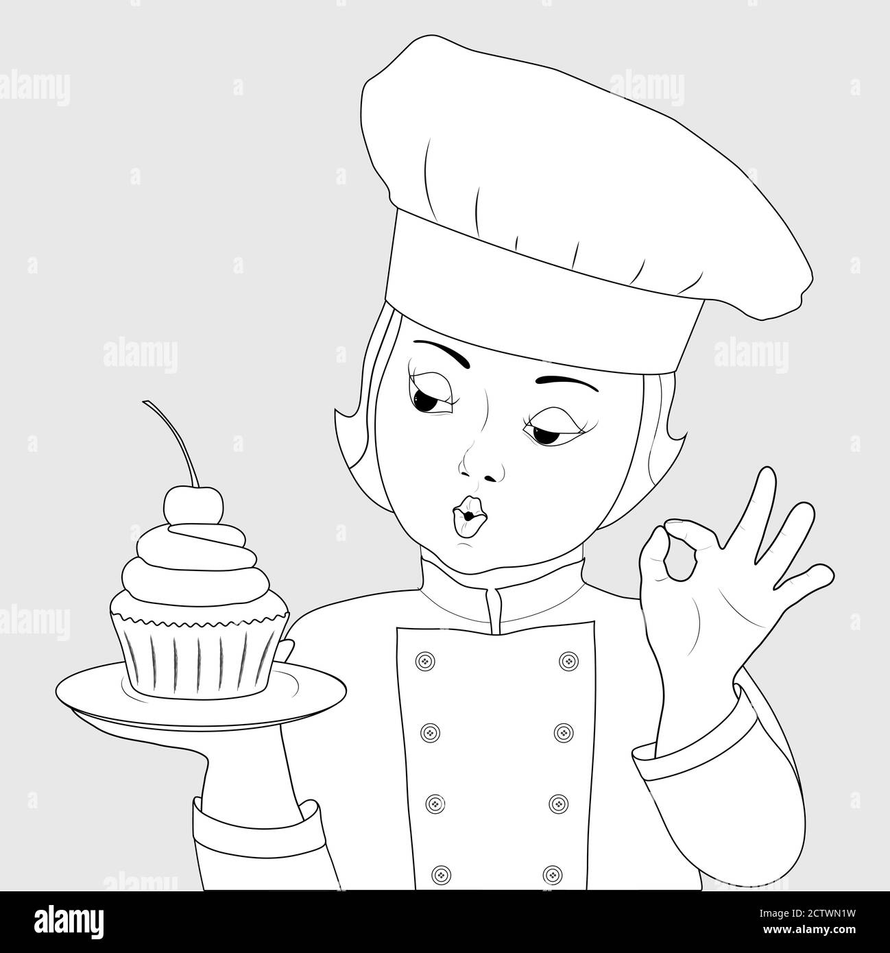 Linear style. Female pastry chef .Cake on a platter. OK - sign with ...