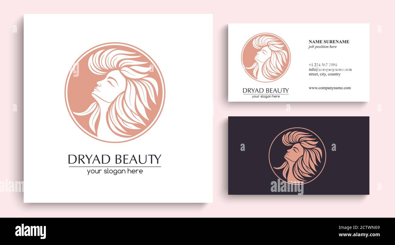 Dryad. Female face logo in profile with leaf hair. Emblem for a beauty ...