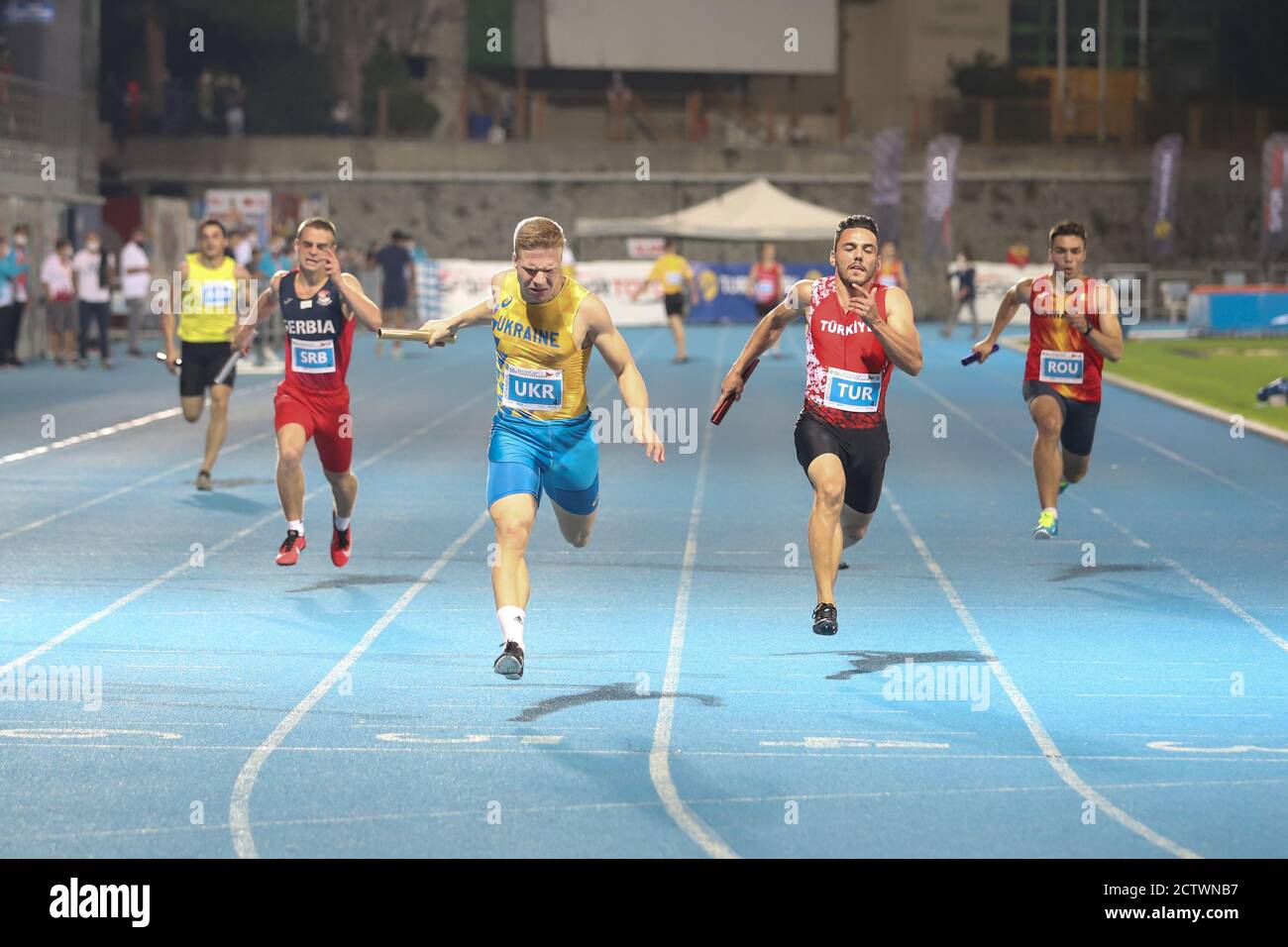ISTANBUL, TURKEY - SEPTEMBER 12, 2020: Athletes running 4x400 metres ...