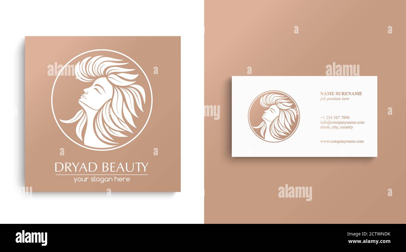 Dryad. Female face logo in profile with leaf hair. Emblem for a beauty ...