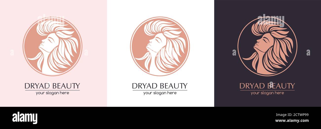 Dryad. Female face logo in profile with leaf hair. Emblem for a beauty ...