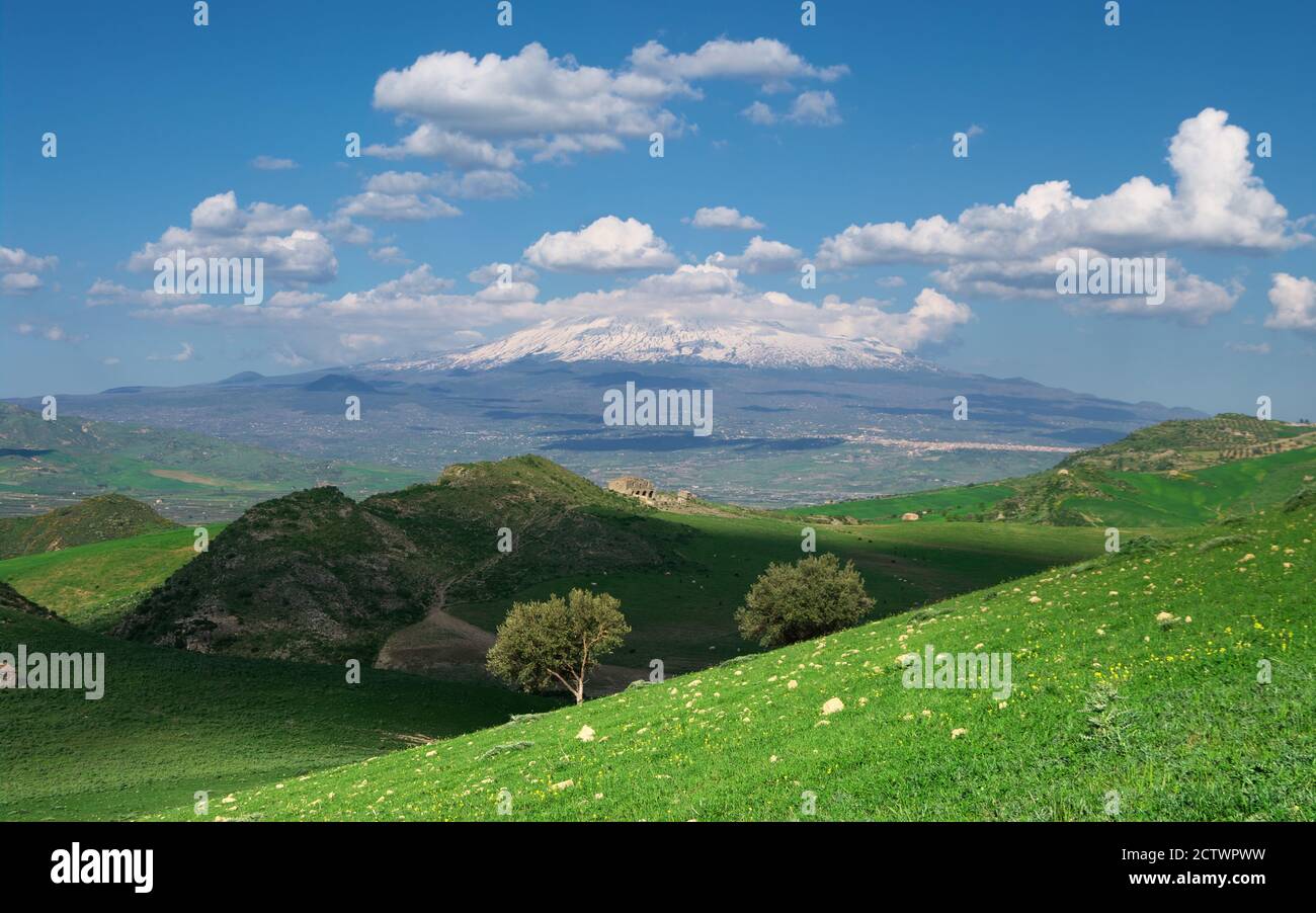 spring landscape of Sicily countryside around Etna Mount with rural ...