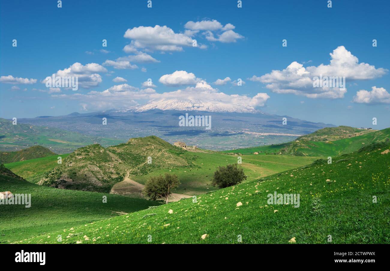 spring landscape of Sicily countryside around Etna Mount with rural ...