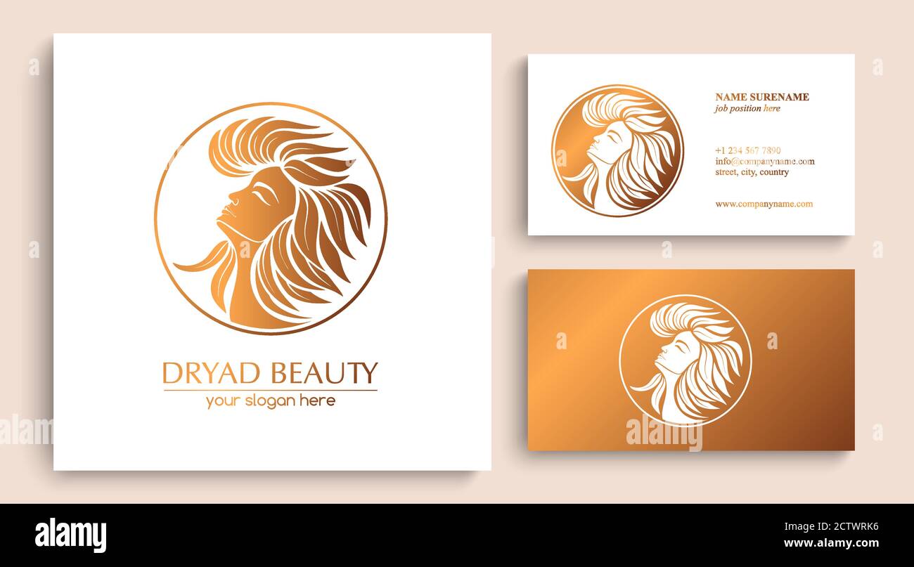 Dryad. Female face logo in profile with leaf hair. Emblem for a beauty ...