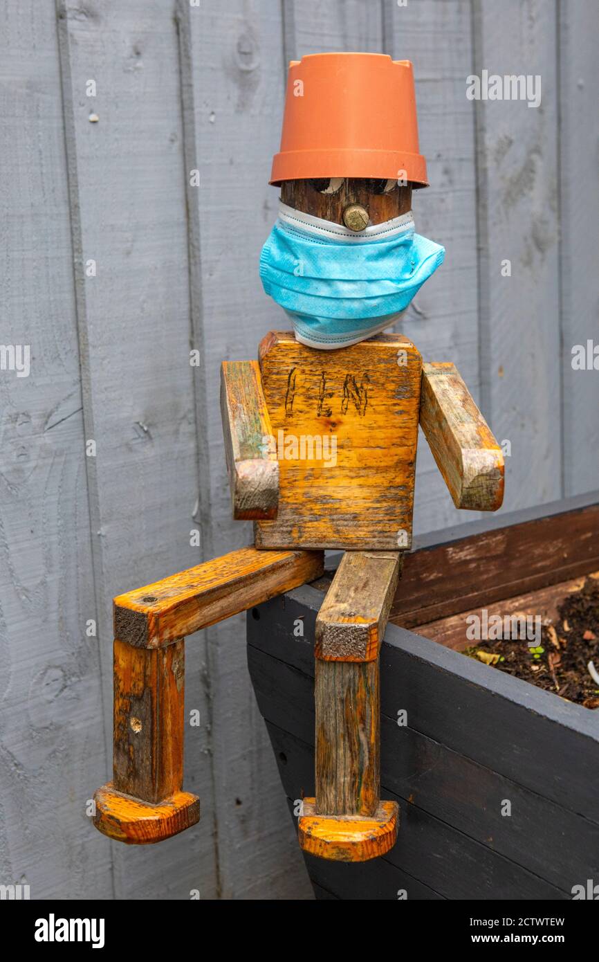 A flower pot man wearing a face mask - during the Coronavirus pandemic ...