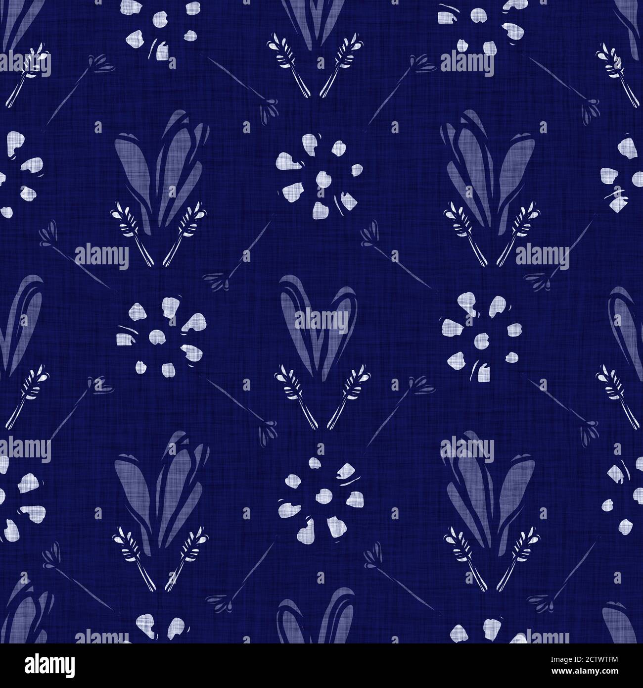 Indigo blue flower block print dyed linen texture background. Seamless ...