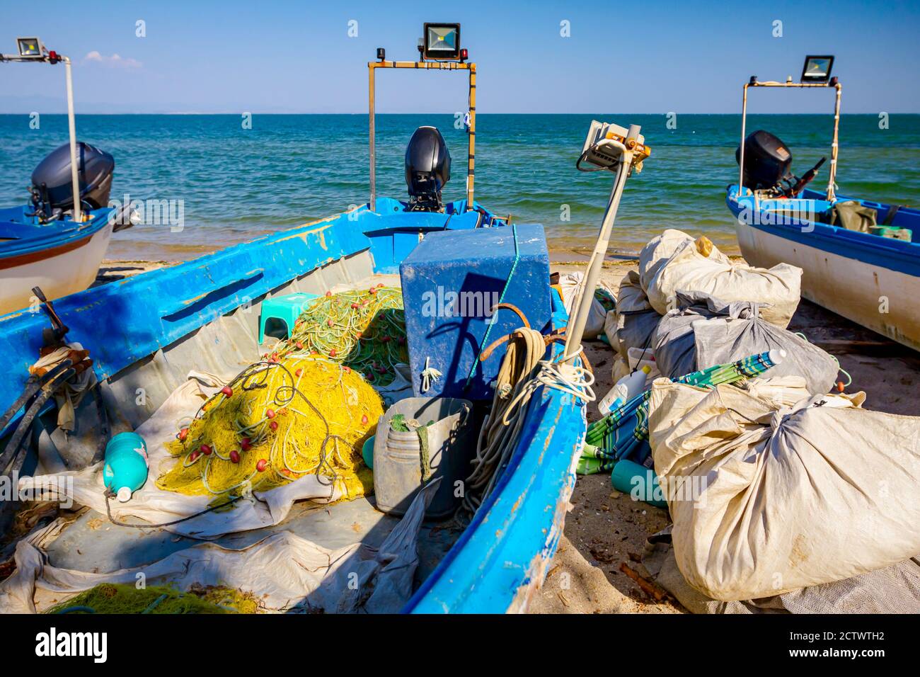 Pile of commercial fishing net, equipment for angling at open sea Stock ...