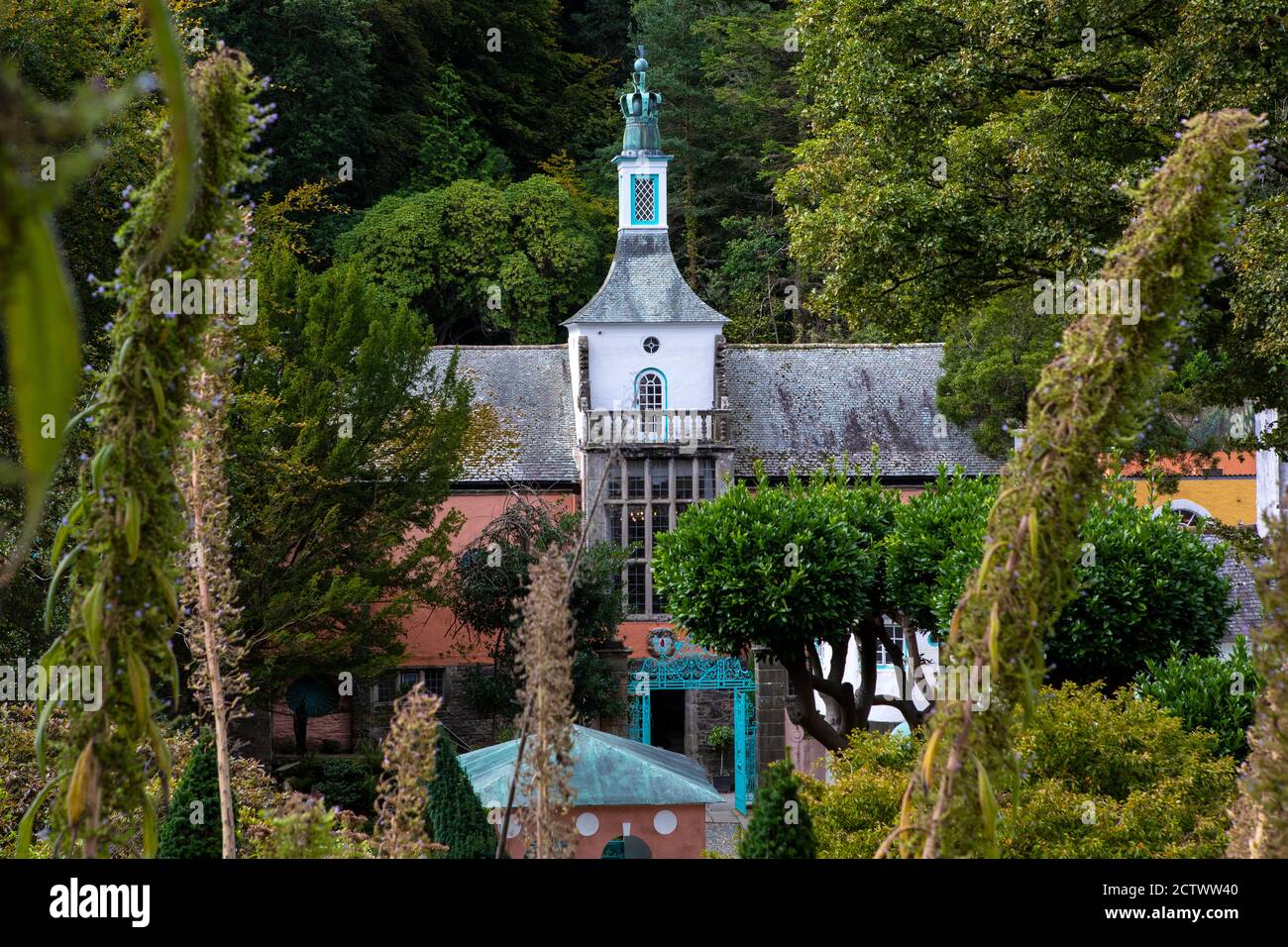 A view of the beautiful Town Hall building in the village of Portmeirion in North Wales, UK ...