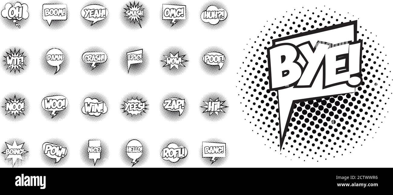 bundle of speech bubbles with bye word and words pop art line style ...