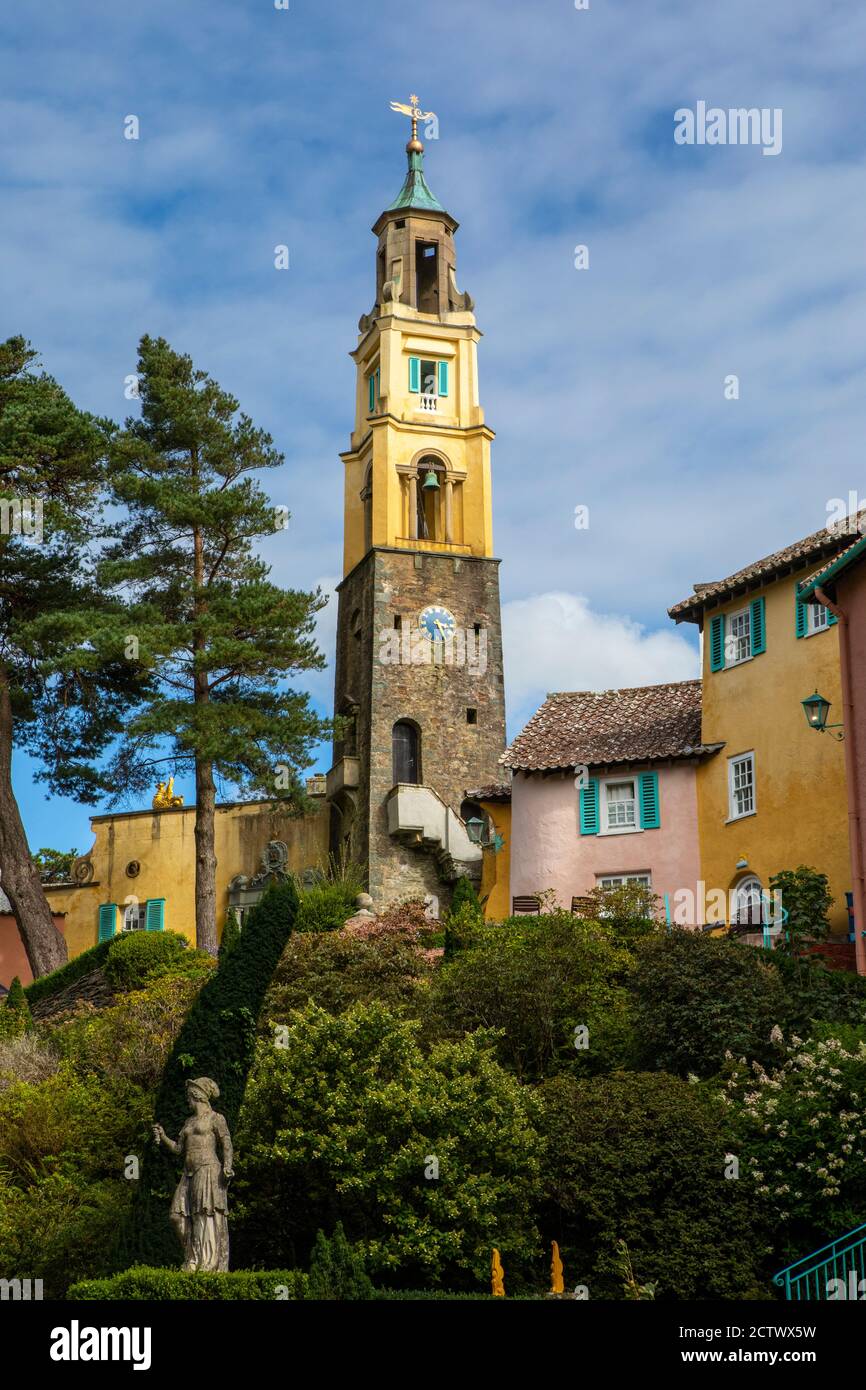 A view of the Bell Tower in the village of Portmeirion in North Wales ...