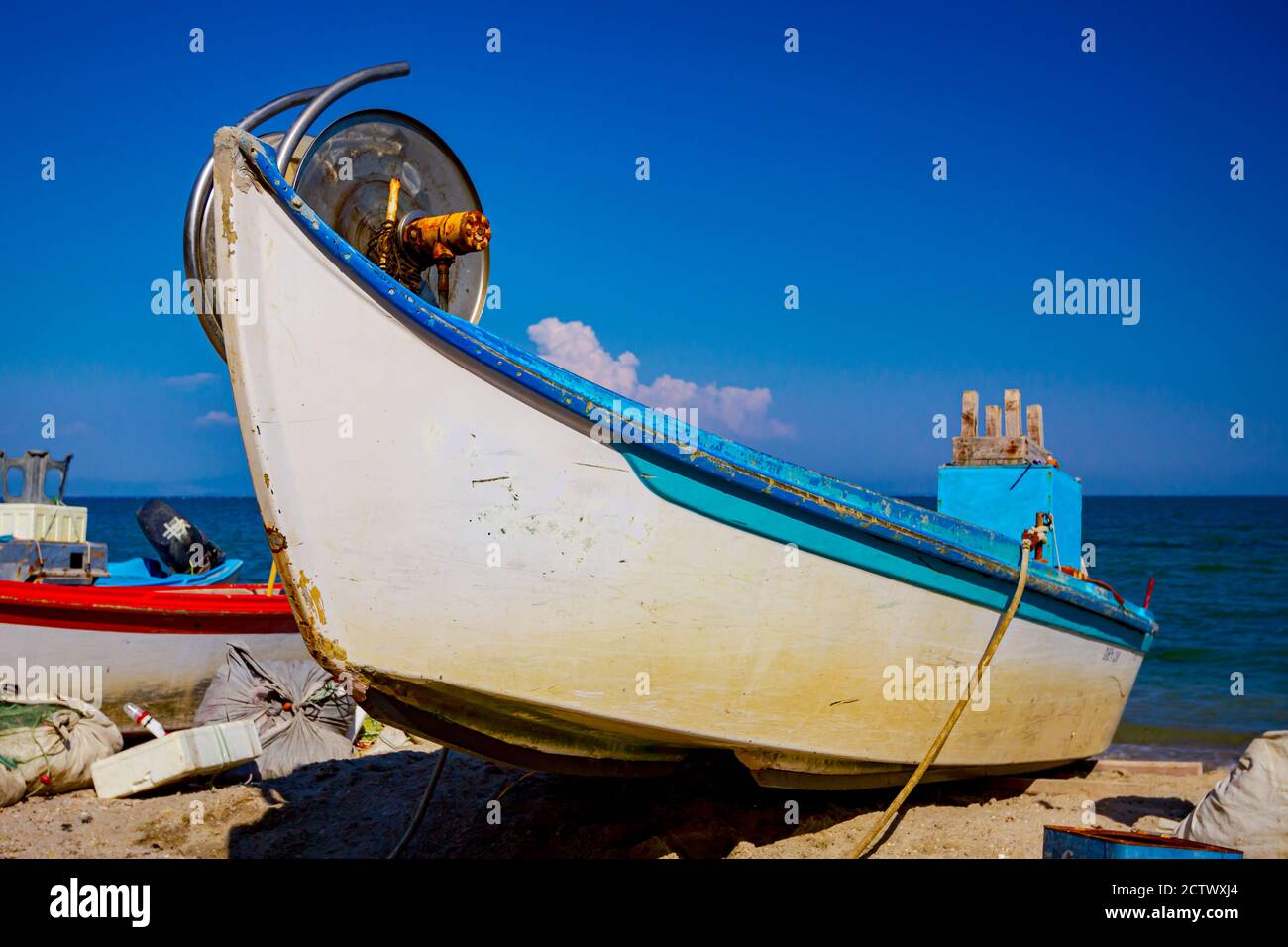 Close up shot of extraction fishing net mechanism on the fishing boat ...