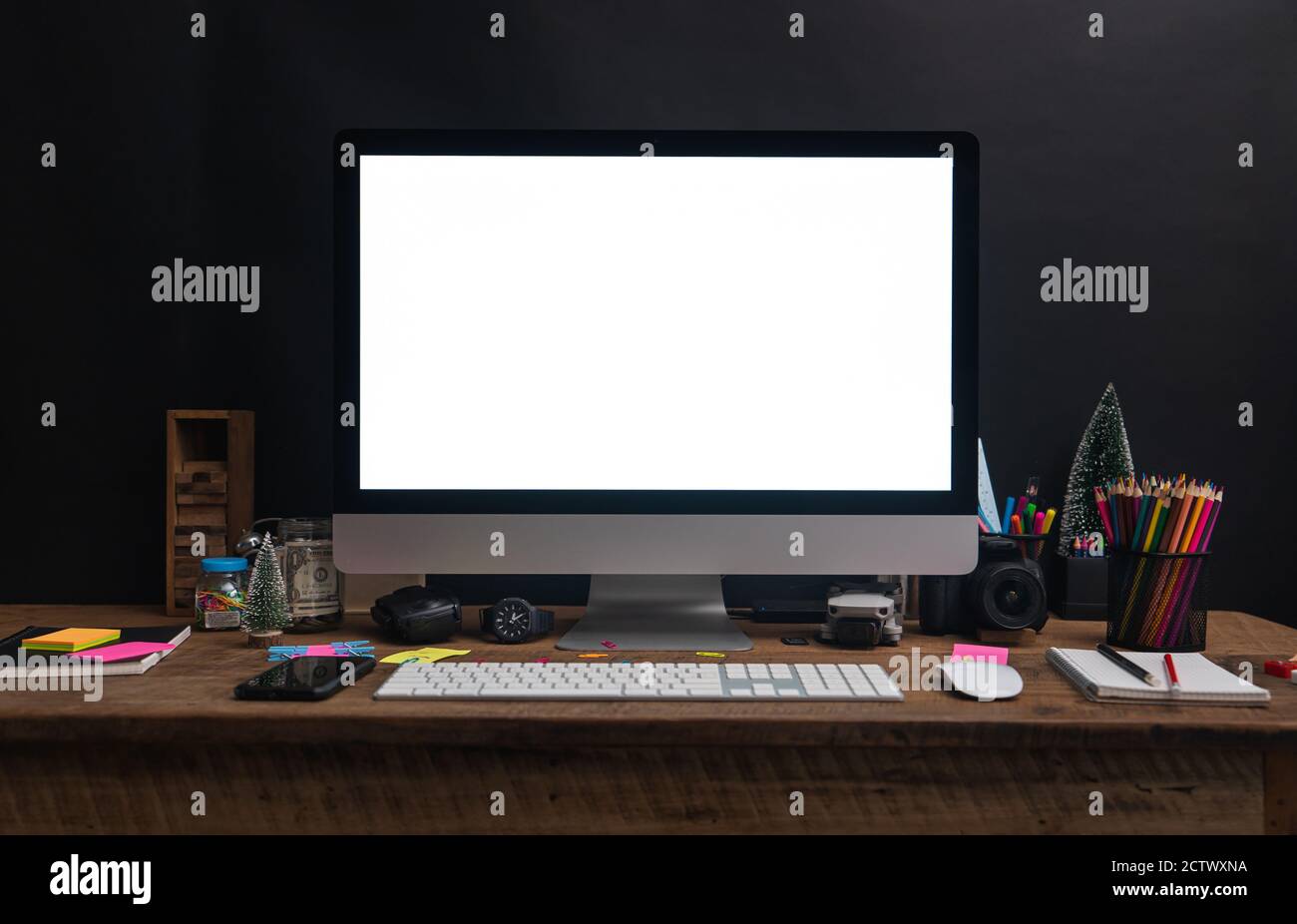 Office desk and computer and stationary equipment Stock Photo - Alamy