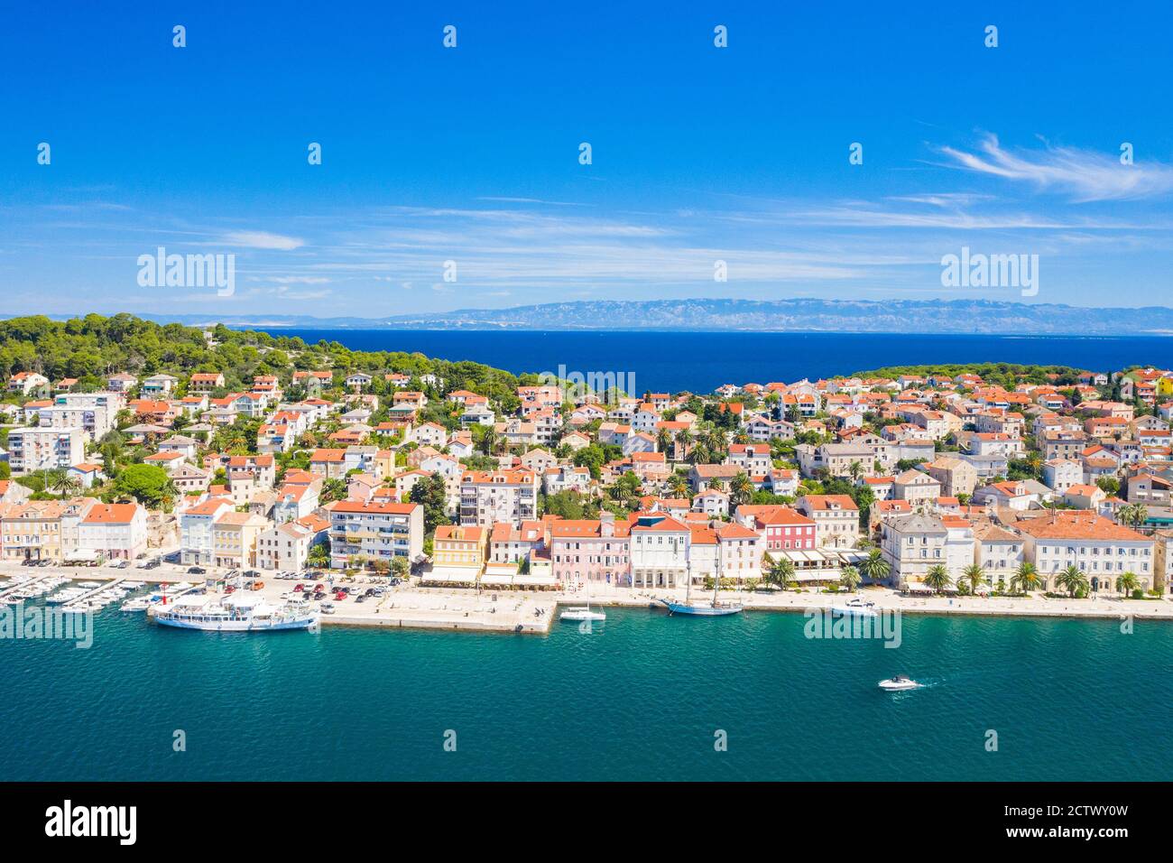 Aerial view of the seafront in town of Mali Losinj on the island of ...
