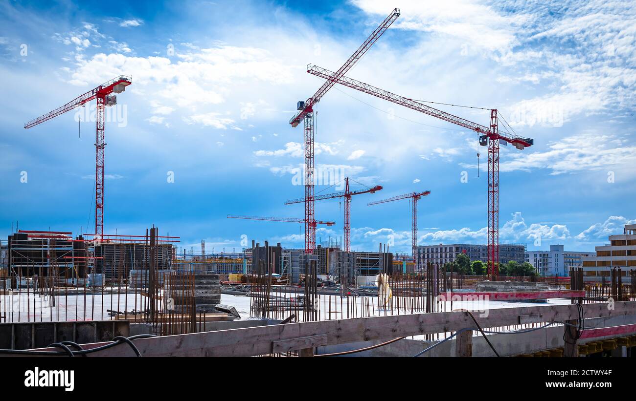 Panorama of Cranes on a Large Construction Site with Dramatic Sky Stock ...