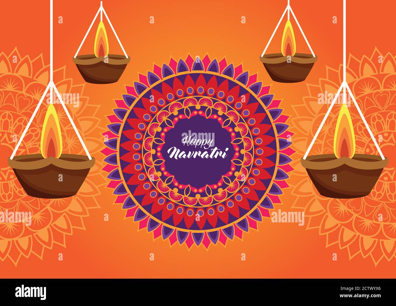 happy navratri celebration card with candles hanging and mandala vector ...