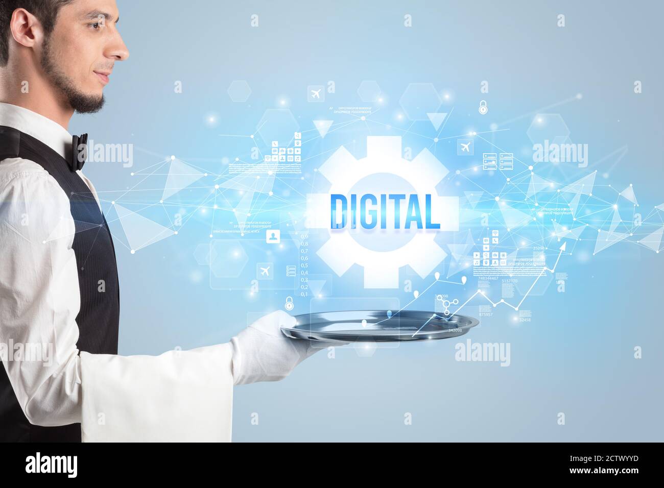 Waiter serving new technology concept with DIGITAL inscription Stock ...