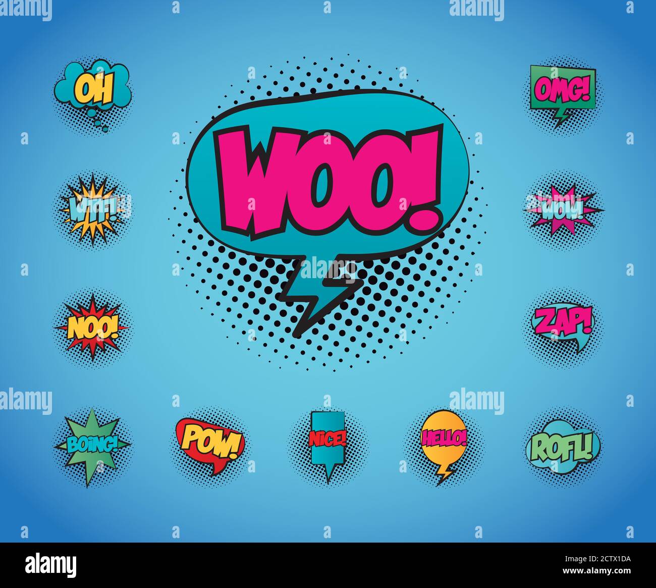 bundle of speech bubbles with woo word and words pop art fill style ...