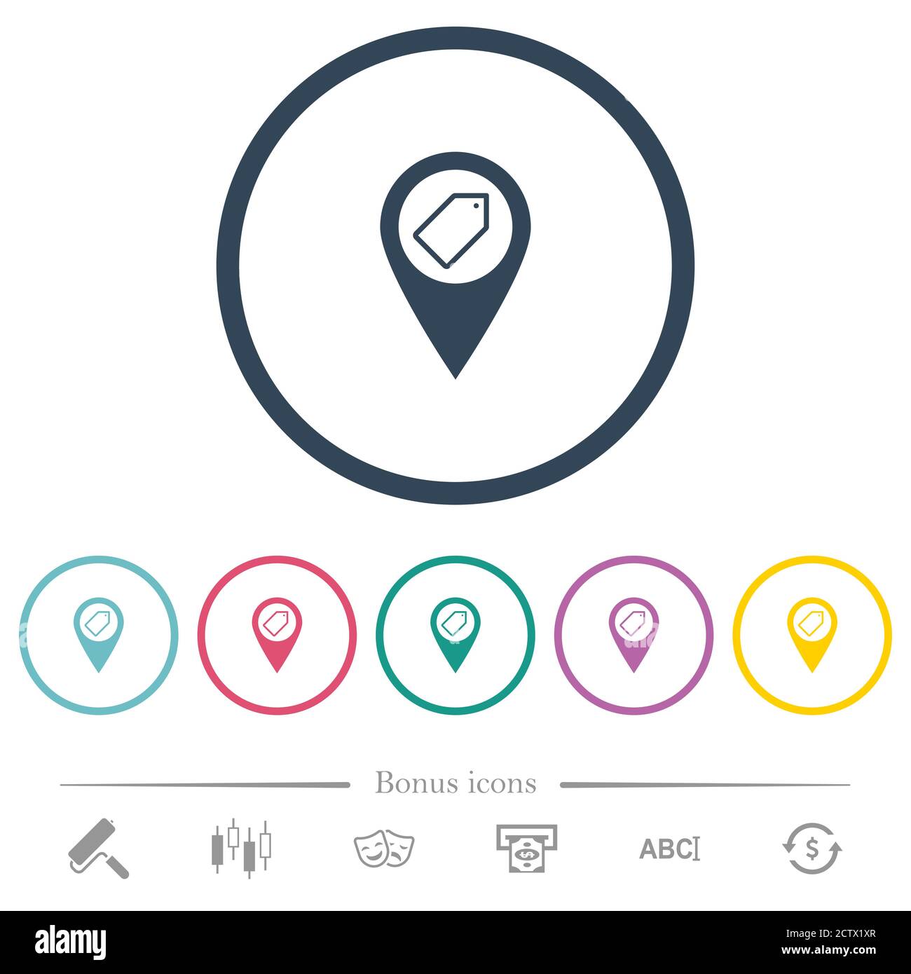Tagging GPS map location flat color icons in round outlines. 6 bonus ...
