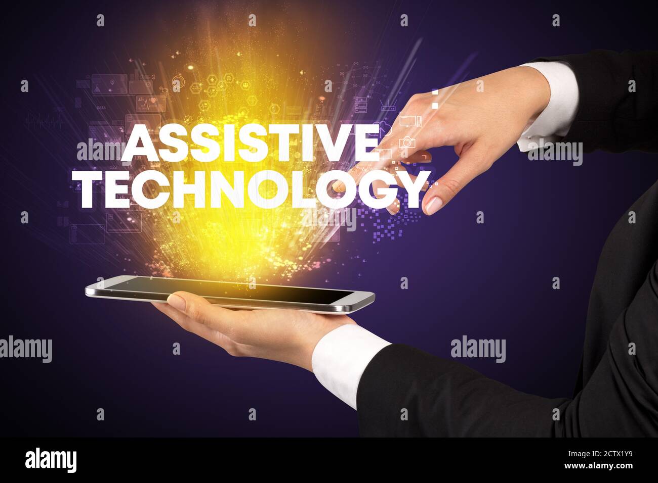Close-up of a touchscreen with ASSISTIVE TECHNOLOGY inscription ...