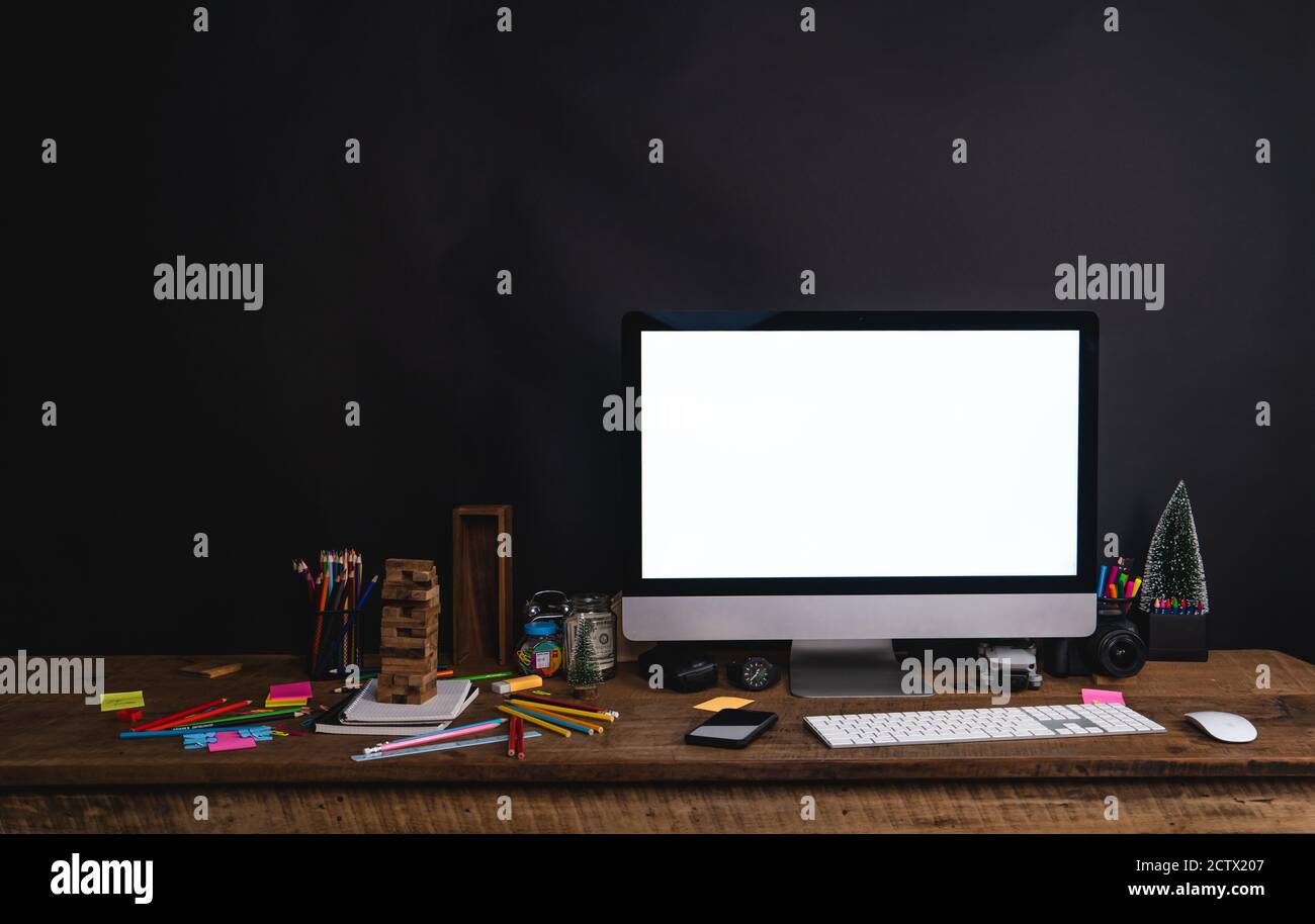 Office desk and computer and stationary equipment Stock Photo - Alamy