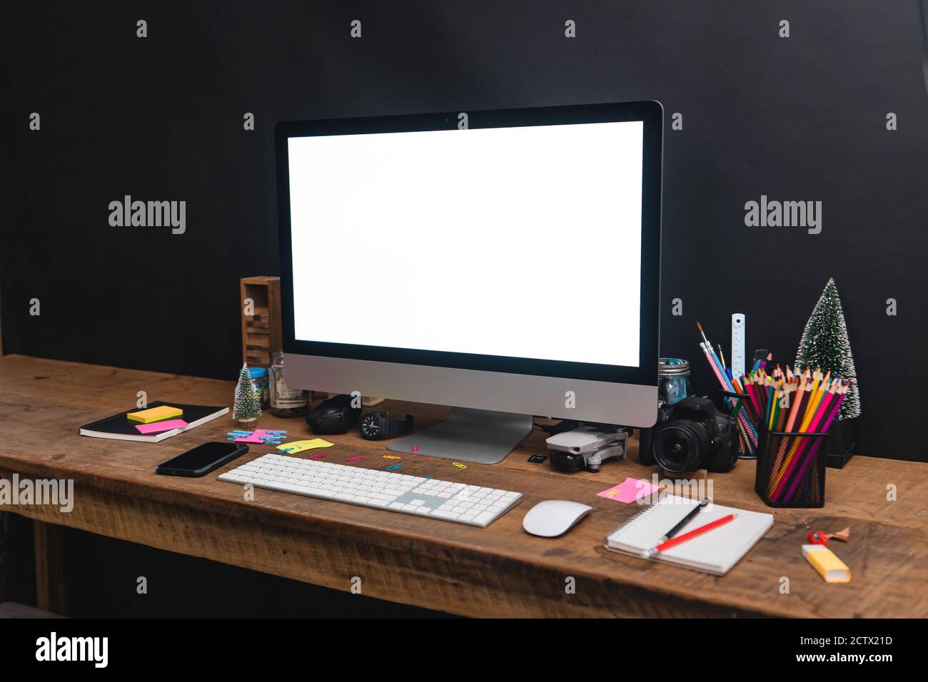 Office desk and computer and stationary equipment Stock Photo - Alamy