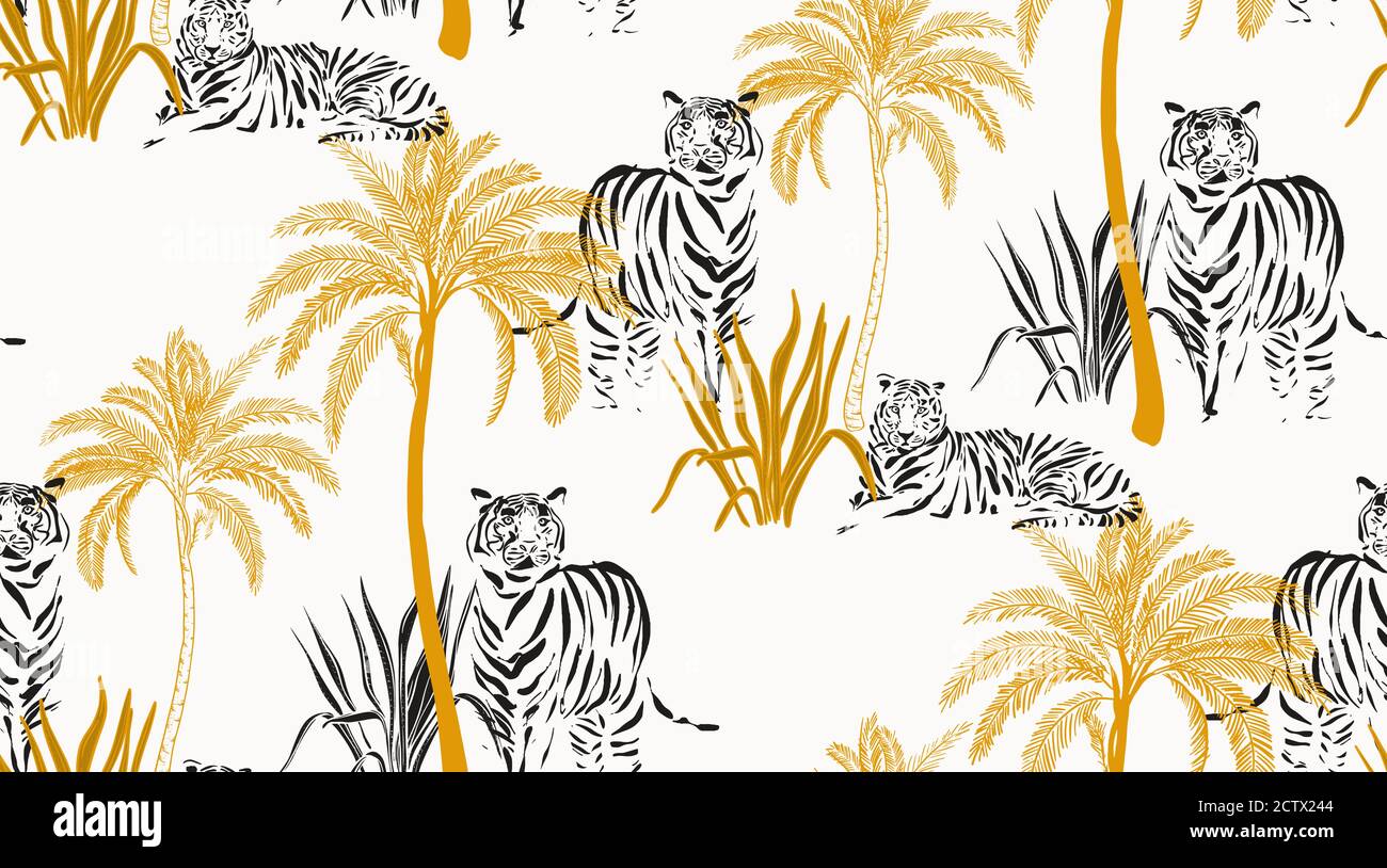 Safari background. Jungle wild animals pattern with tigers, palm tree ...