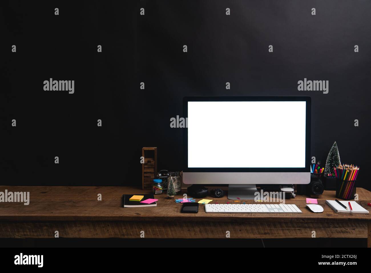 Office desk and computer and stationary equipment Stock Photo - Alamy