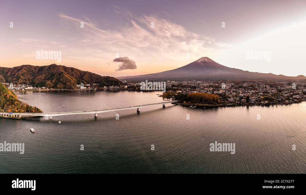 Aerial view over lake Kawaguchi, located in the border Fujikawaguchiko ...