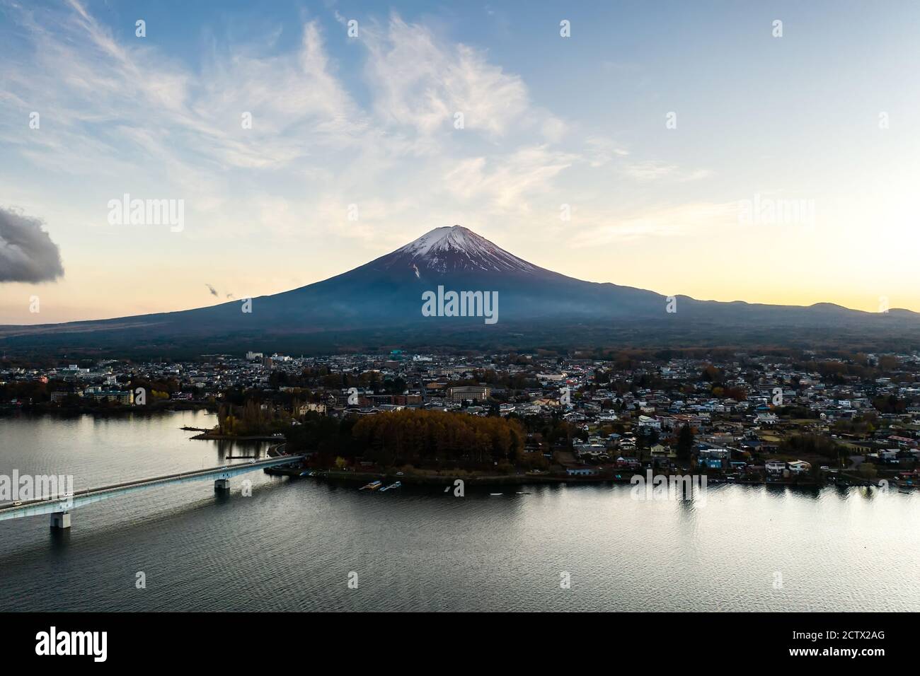 Aerial view over lake Kawaguchi, located in the border Fujikawaguchiko ...