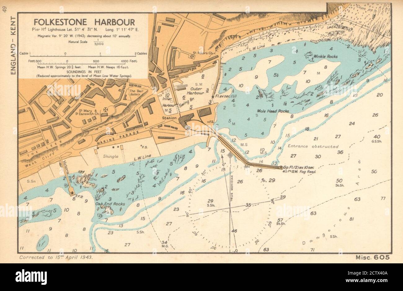 Folkestone Harbour & town plan & sea coast chart. Kent. ADMIRALTY 1943 ...