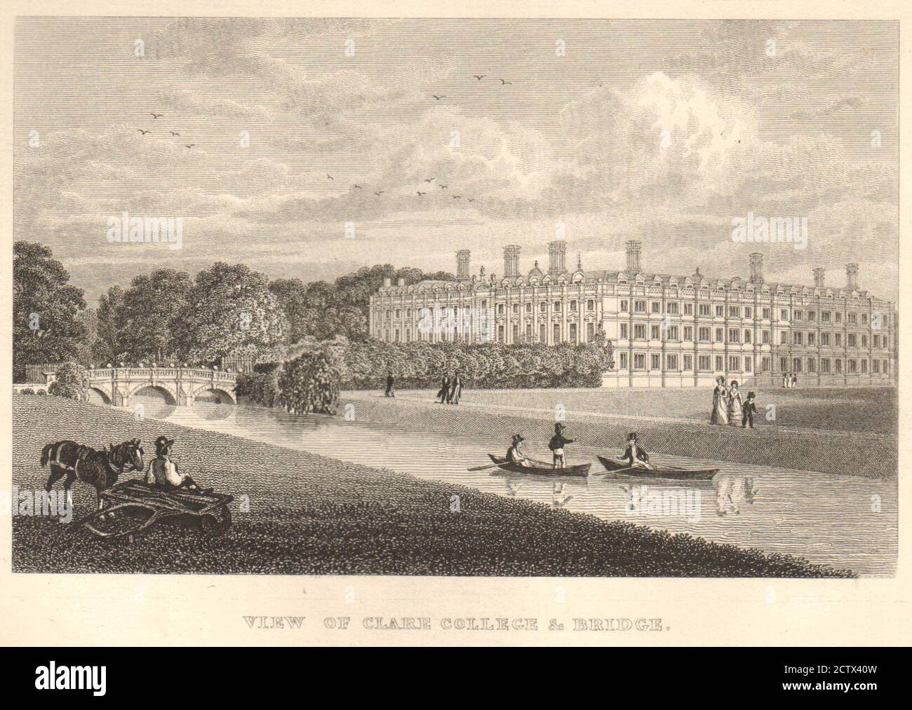 View of Clare College & Bridge, Cambridge. LE KEUX 1841 old antique ...