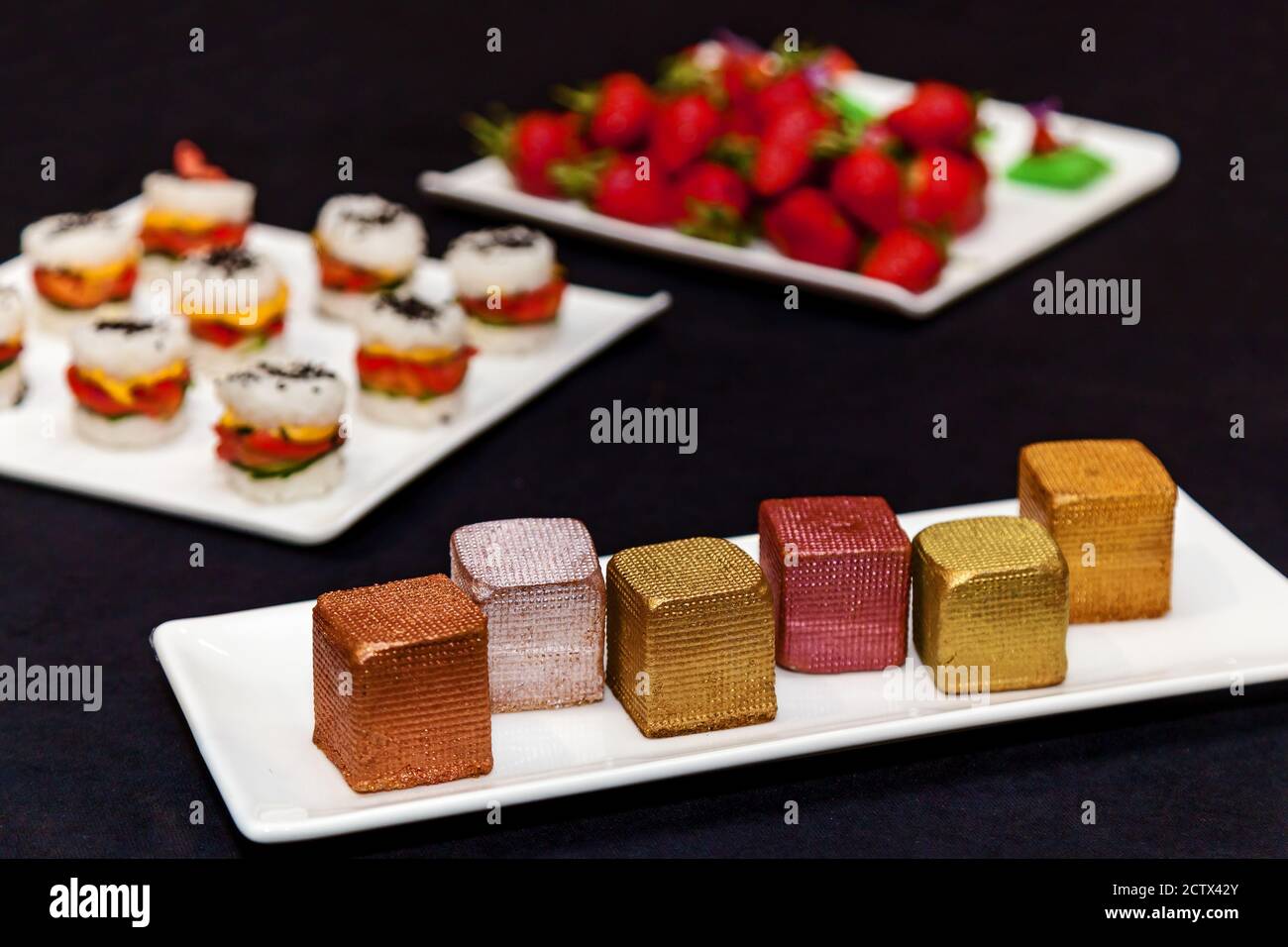 Catering, various delicious desserts on buffet plates. Catering ...