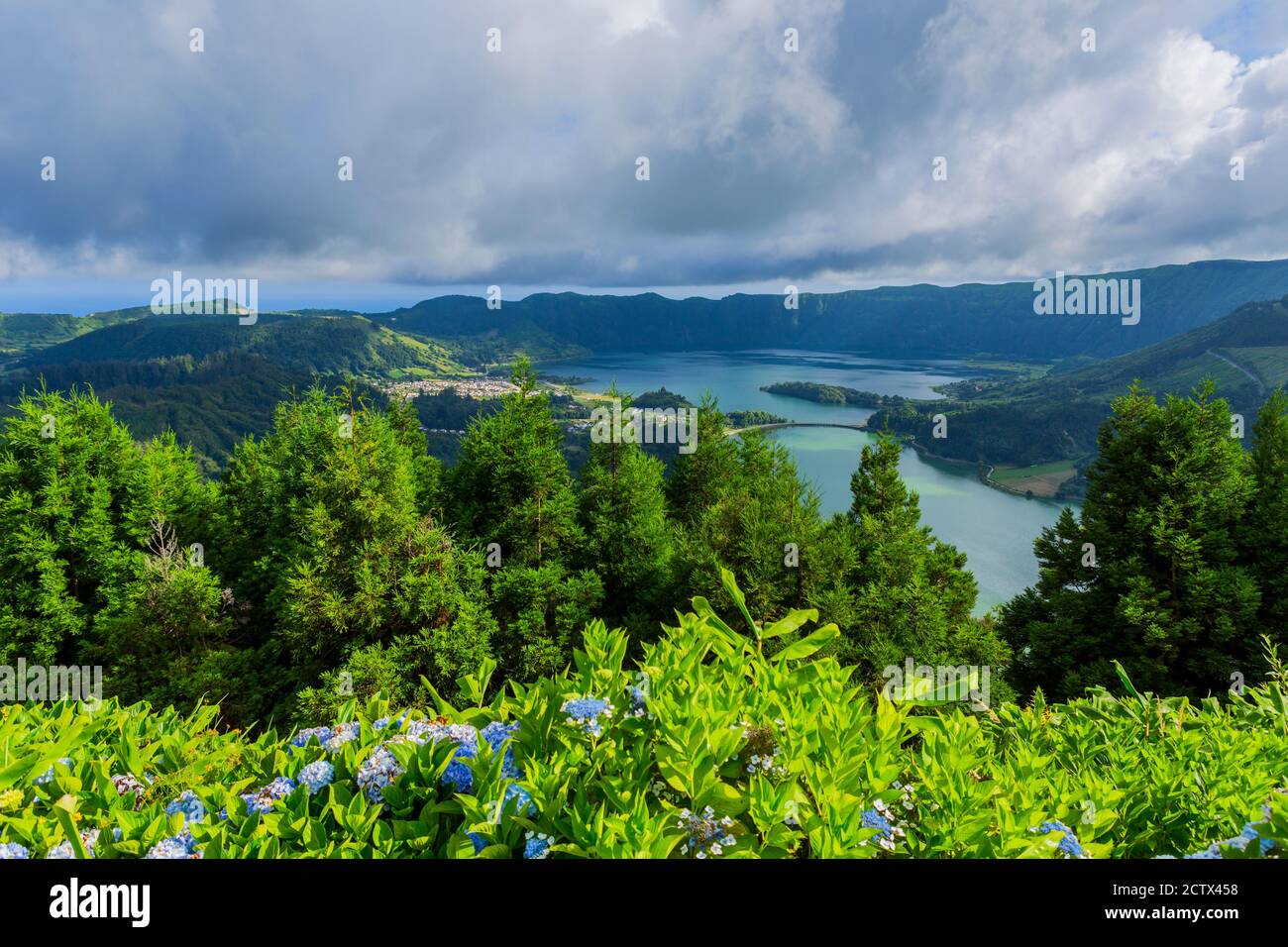 Picturesque view of the Lake of Sete Cidades, a volcanic crater lake on ...