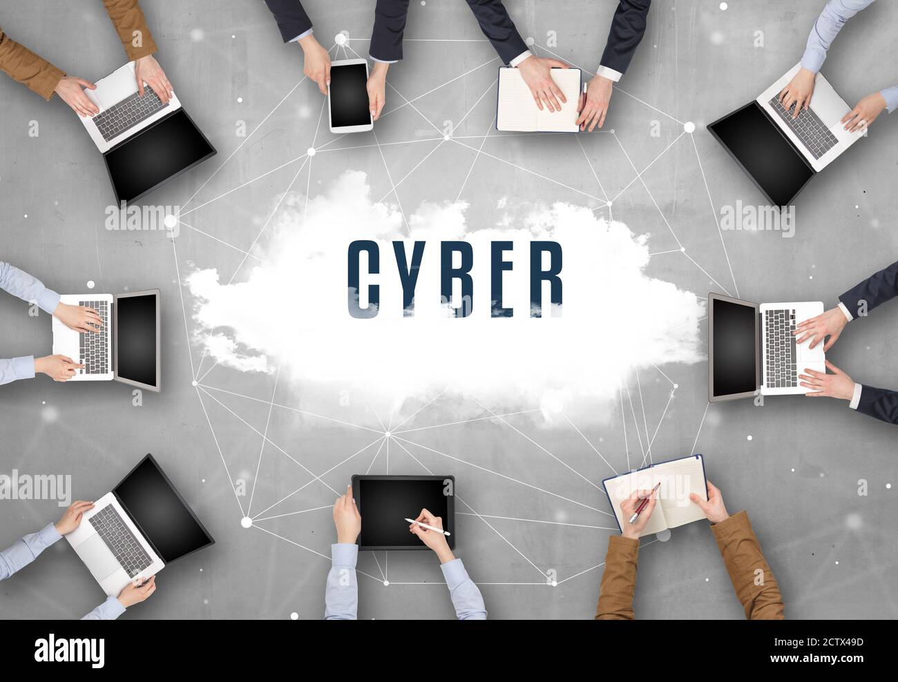 Group of people having a meeting with CYBER insciption, web security ...