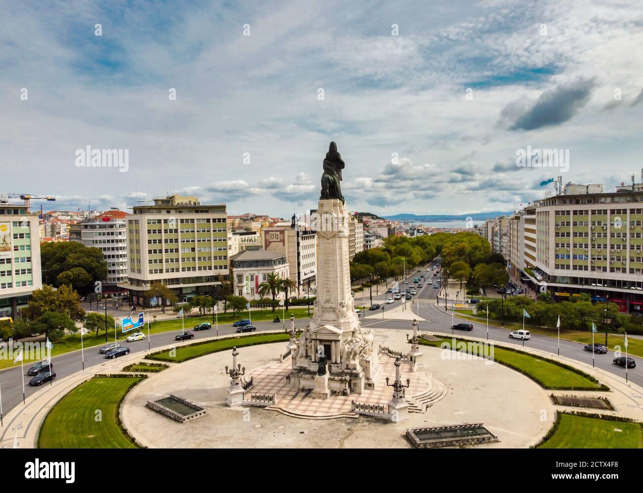 Drone view of Marquês de Pombal monument and roundabout in Lisbon ...