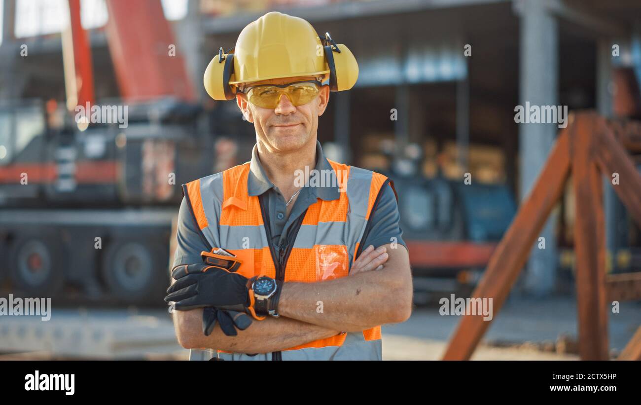 Portrait of Successful Builder Worker Contractor Wearing Hard Hat and ...