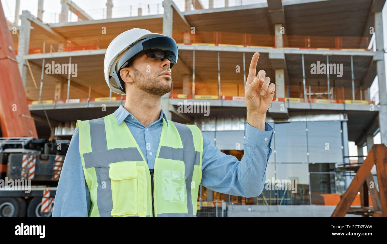 Futuristic Architectural Engineer Wearing Augmented Reality Headset And Using Gestures To