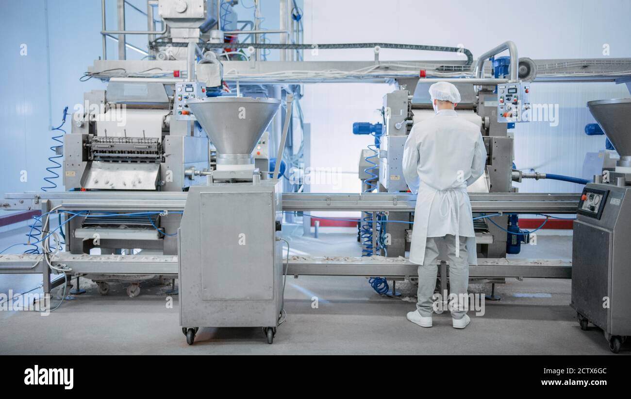 Young Male Food Conveyor Belt Employee Works at a Dumpling Factory. He ...