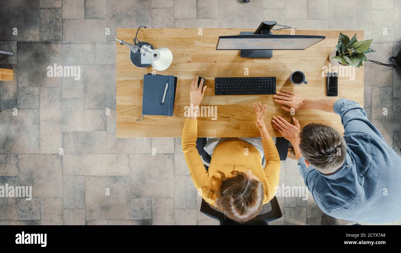 Top View Shot: Female Office Worker Uses Desktop Computer, Project ...