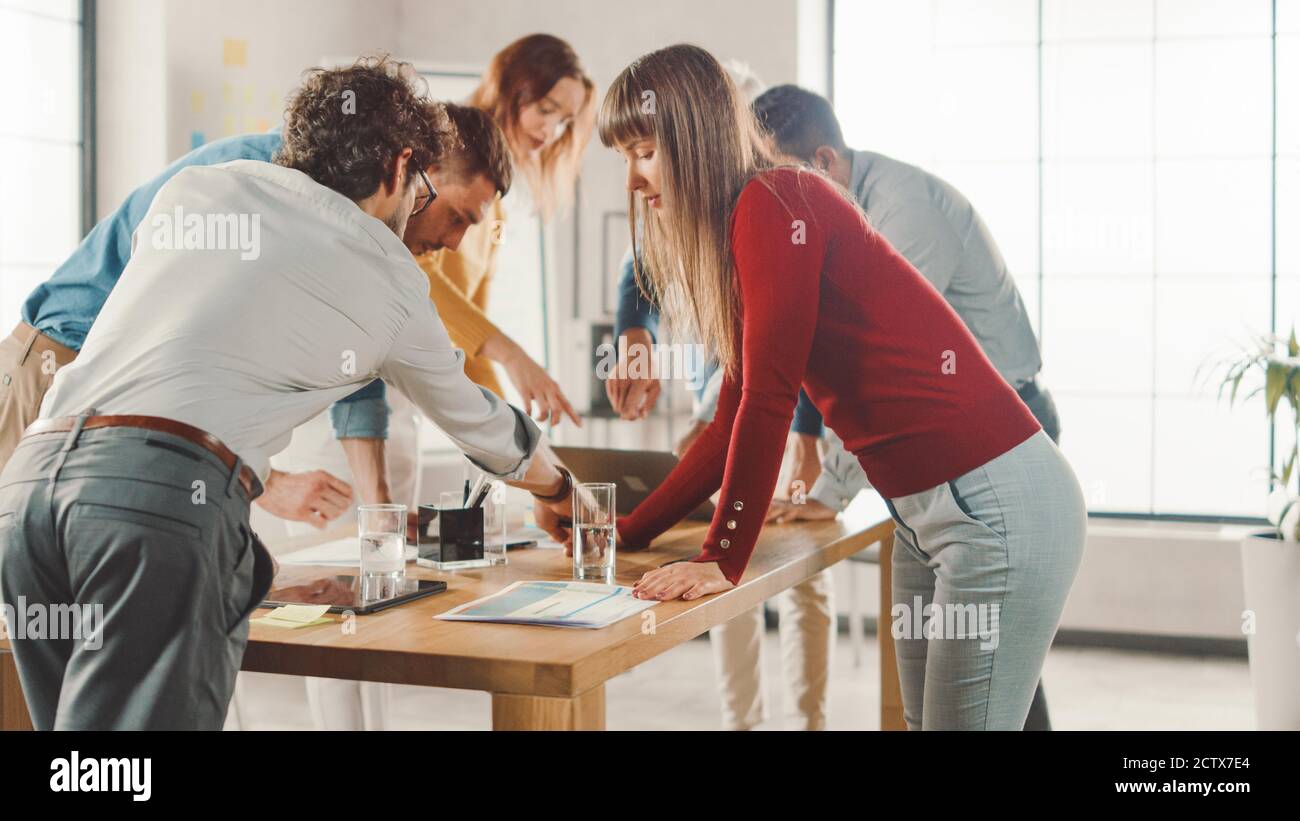 Startup Meeting Room: Team of Entrepreneurs Standing Around Conference ...