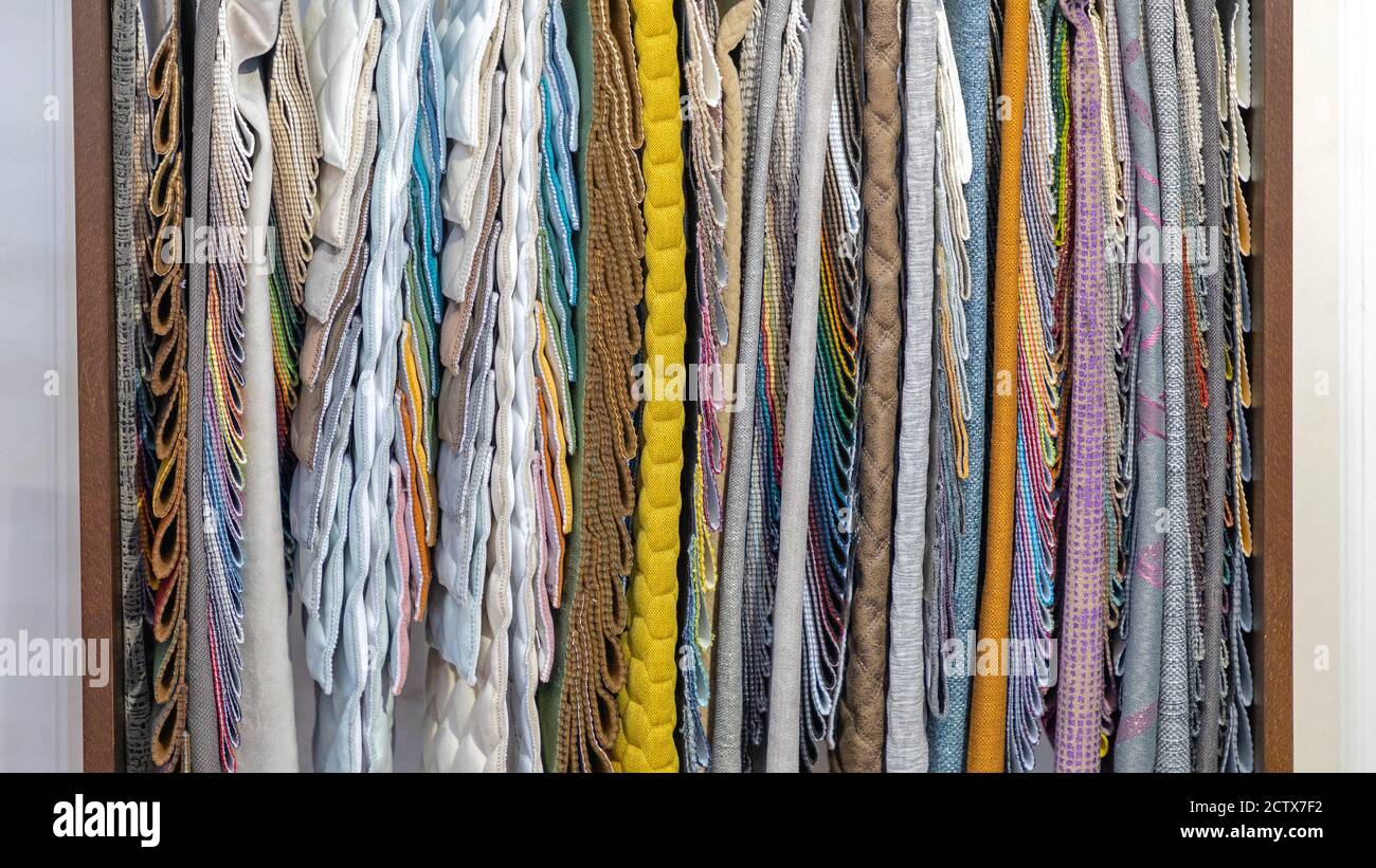 Various Material Samples Hanging for Upholstery Industry Stock Photo ...