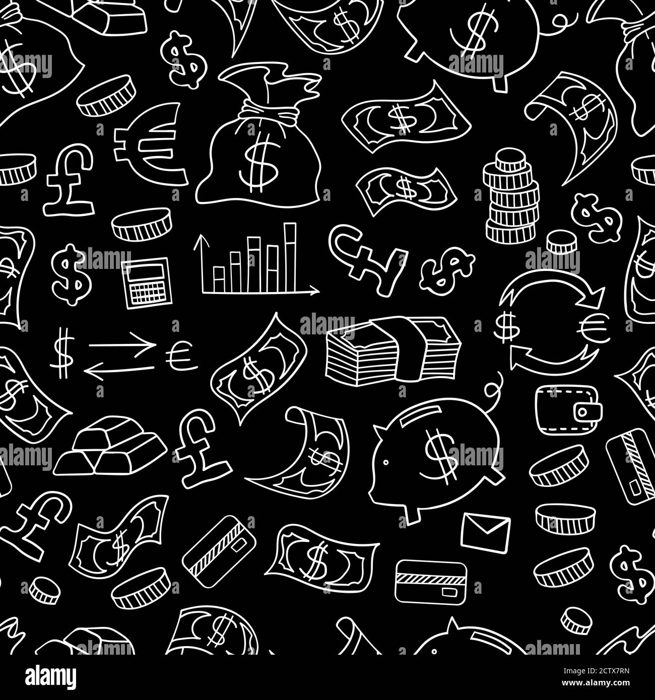 Doodle money seamless pattern. Outline hand drawn objects on black ...