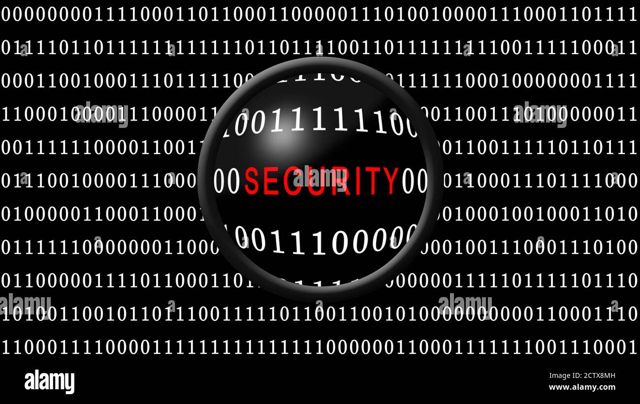 SECURITY red lettering shown in a magnifying lens in front of a black ...