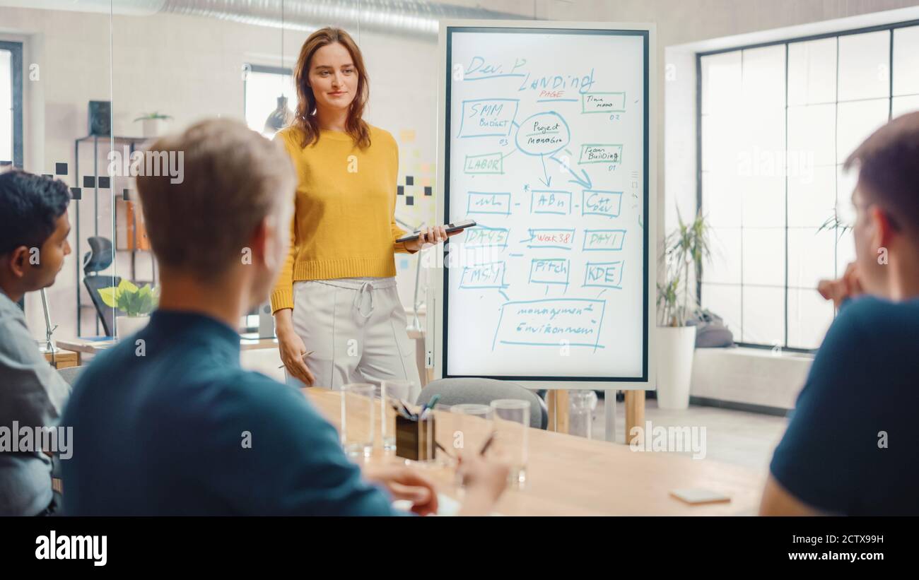 Female Project Manager Holds Meeting Presentation for a Team of ...