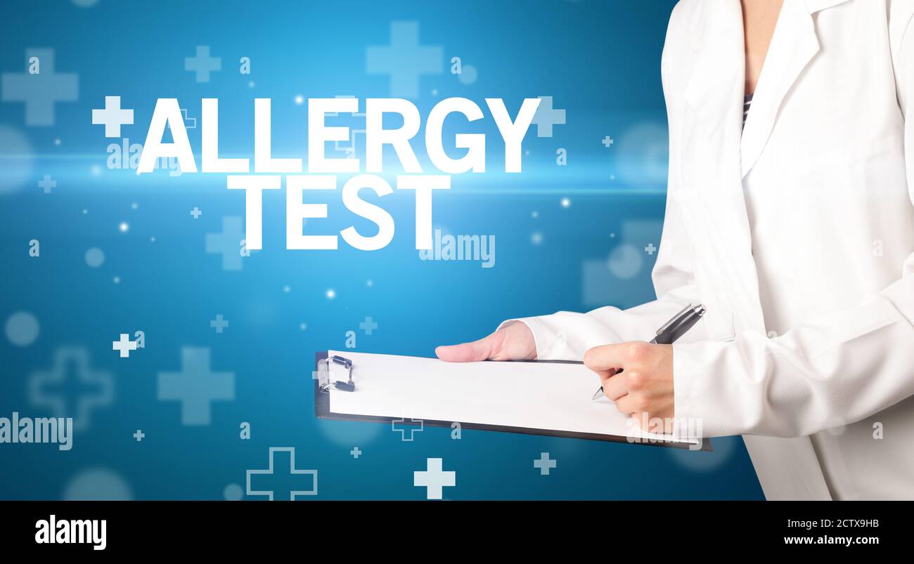 doctor writes notes on the clipboard with ALLERGY TEST inscription ...