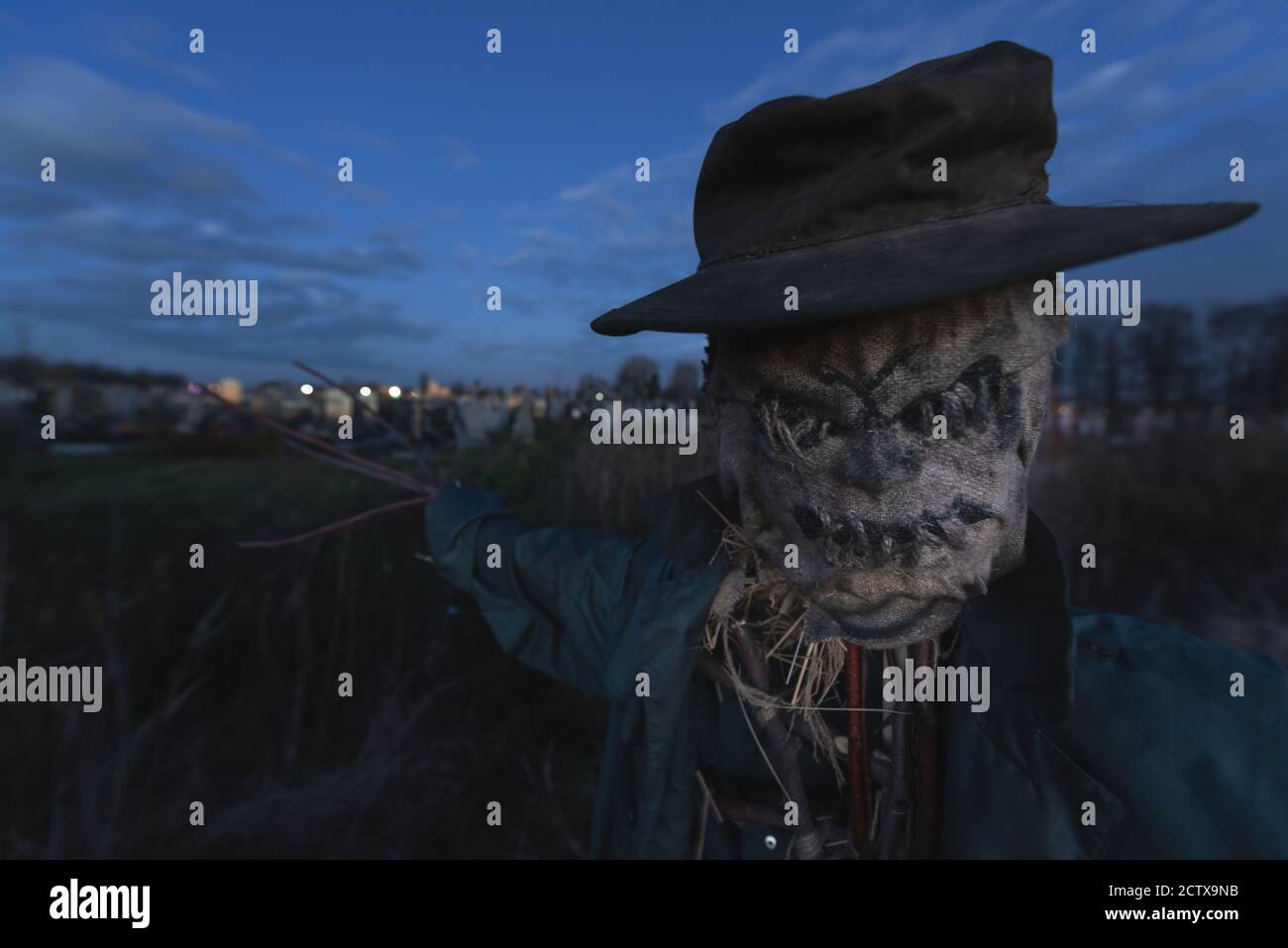 Terrible scarecrow in dark cloak and dirty hat stands alone on a ...