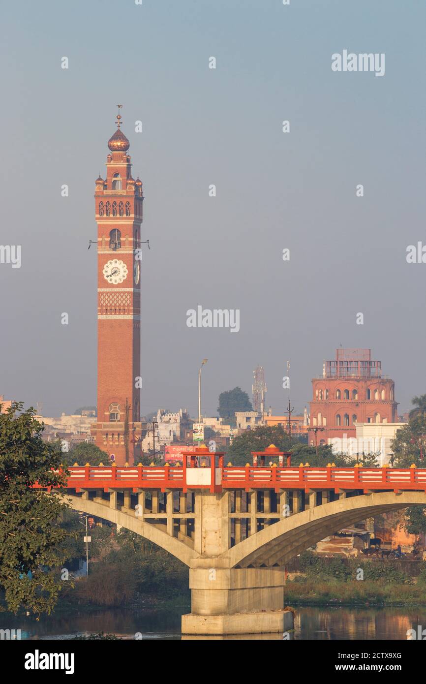 India, Uttar Pradesh, Lucknow, Bridge over Gomti River with Clock Tower ...