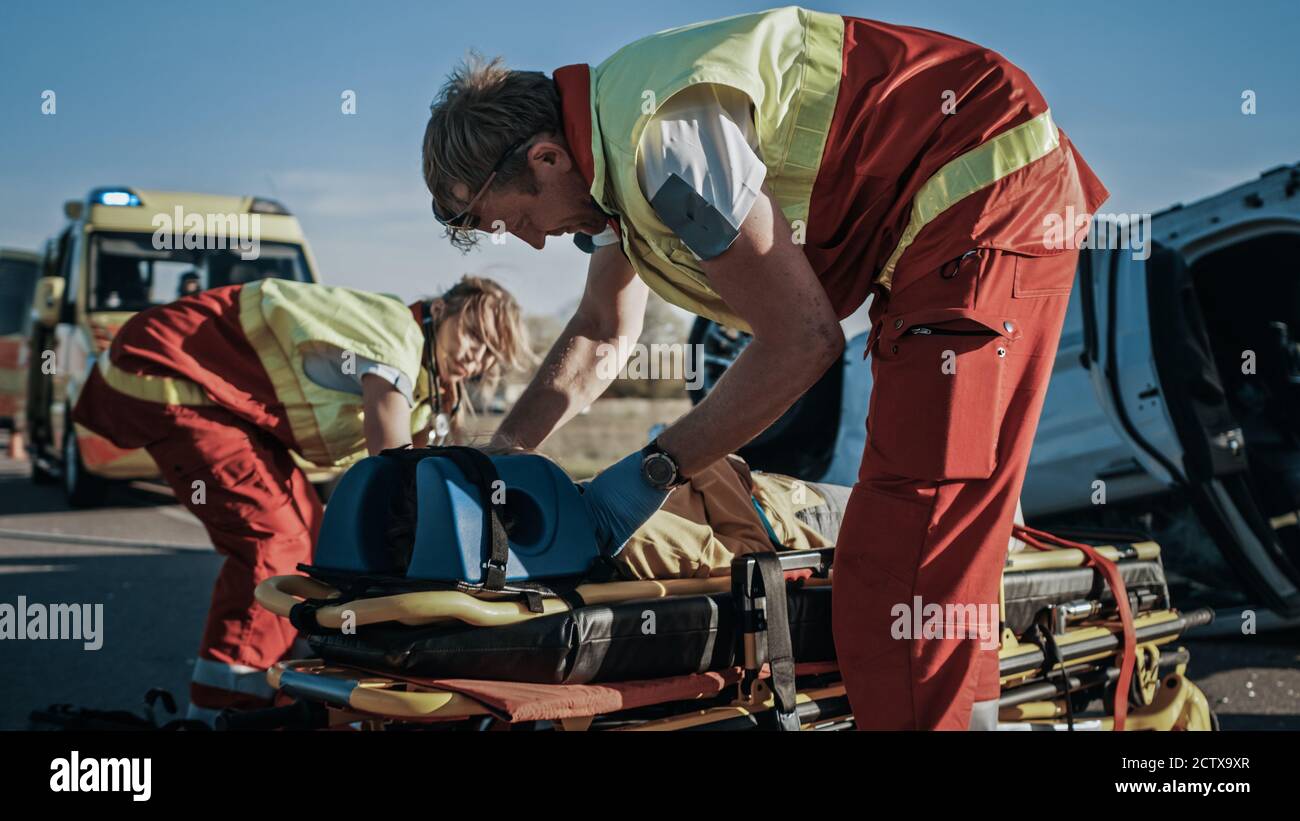 On the Car Crash Traffic Accident Scene: Paramedics and Firefighters ...