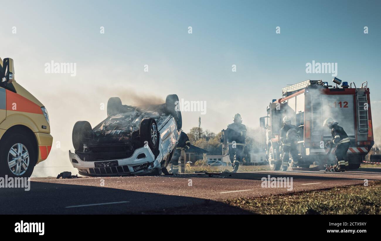 On the Car Crash Traffic Accident Scene: Paramedics and Firefighters ...