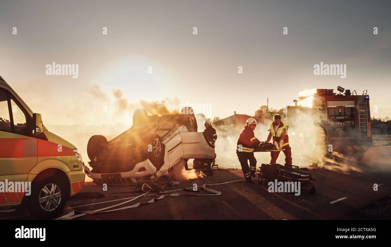 On the Car Crash Traffic Accident Scene: Paramedics and Firefighters ...